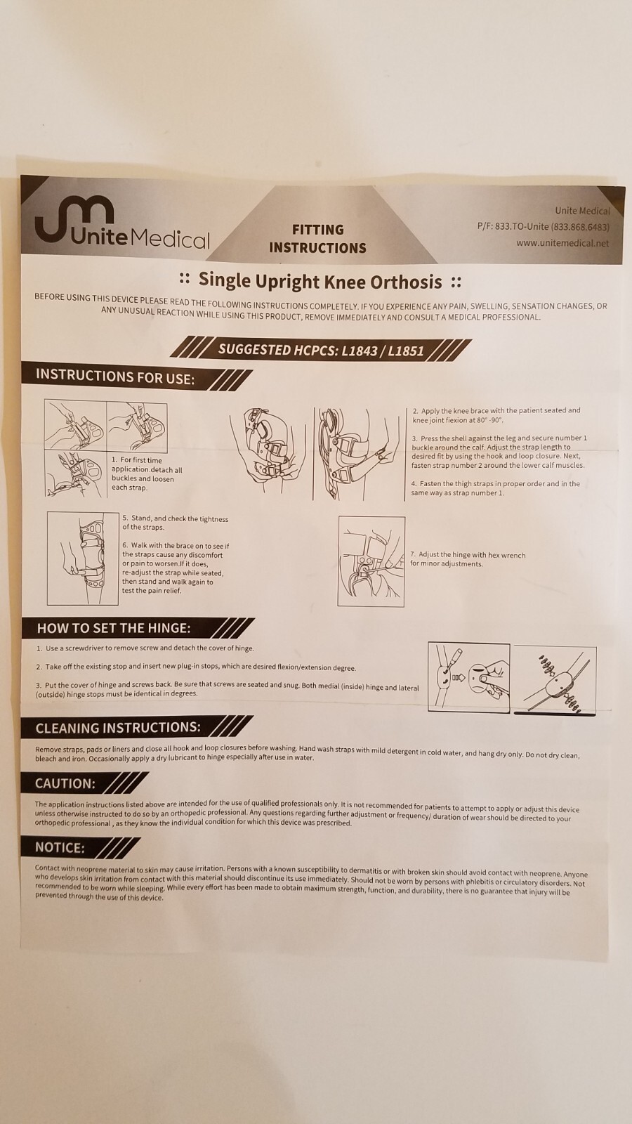 Unite Medical Single Upright Knee Left Orthosis # KO4351L L1843 / L1851 ...