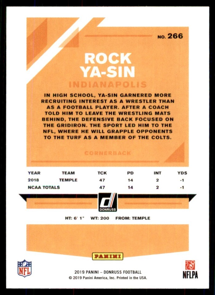 2019 Donruss Rock Ya-Sin Rookie Indianapolis Colts #266 NFL Football | eBay
