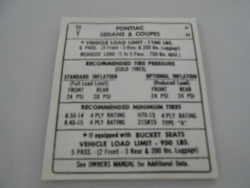 1968 Reproduction Pontiac Glove Box Tire Pressure Decal | eBay
