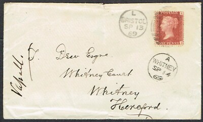1869 1d Red Pl 133 AA Scarce Bristol Cloth Covered Cancel to Hereford ...