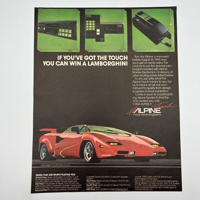 Alpine Car Audio 1985 Print Ad 9.25"x12" win Lamborghini red Lambo ...