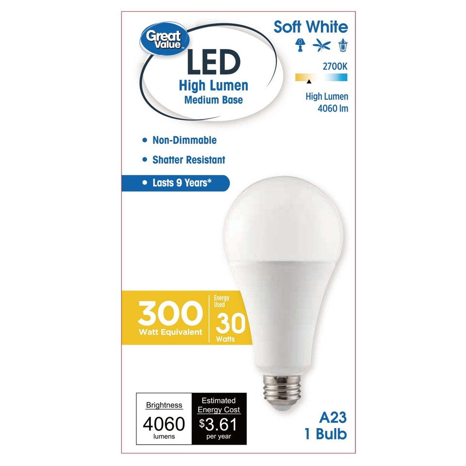 (2 pack) High Output A23 LED Light Bulb, 30-Watt (300W Equivalent ...