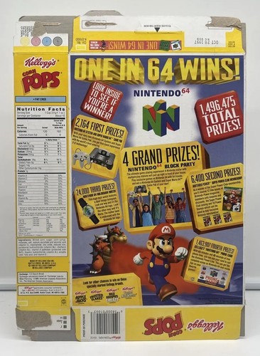 Vtg 1997 Mario N64 Nintendo 64 Kellogg’s Corn Pops Cereal Box Original ...