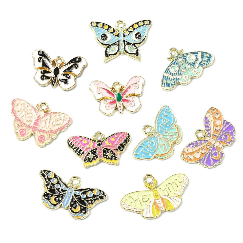 20x Enamel Butterfly Charms Golden Print Insect Charms Metal Moth ...