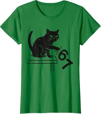 Funny 6 7 Meme Cat Knocking Off 67 Design Funny Ladies' Crewneck T ...