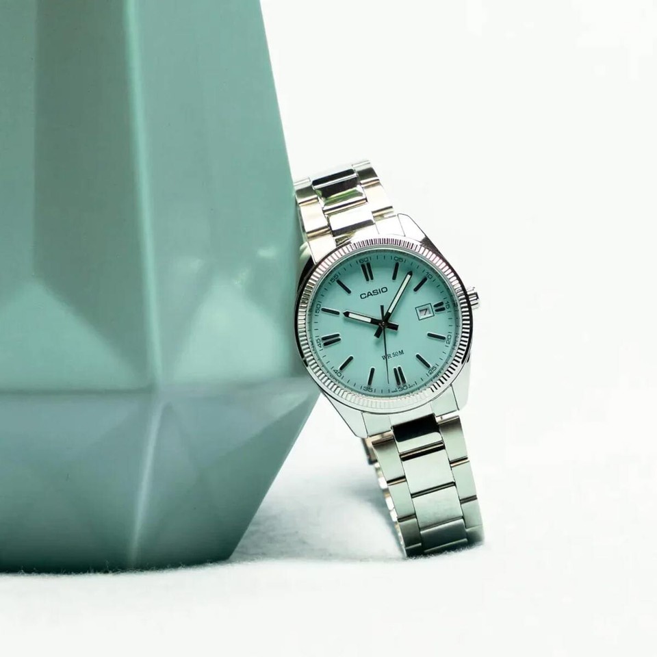 Casio Vintage Silver Stainless Steel Turquoise Blue Classic Watch ...