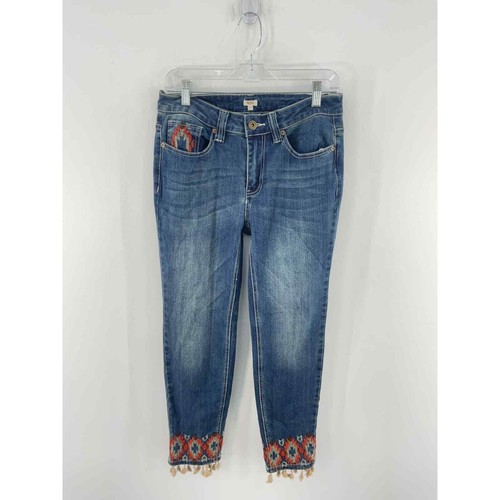 Reba D Blue Cotton Geometrical Stitch Pockets Leg Cuff Skinny Jeans ...