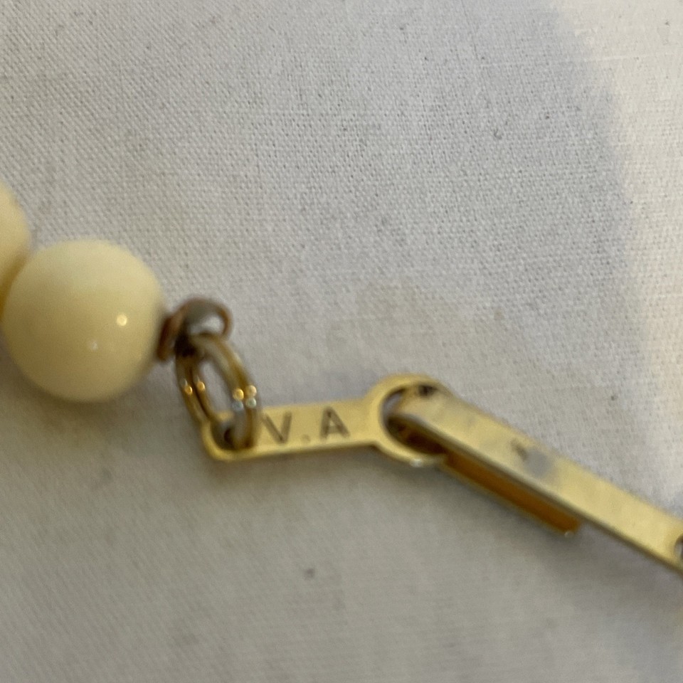 Chunky Beaded Necklace Cream Amber Brown Tones Gold Spacers Signed VA ...