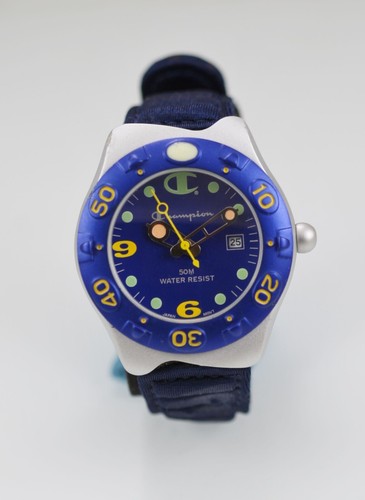 Champion Men Watch Silver Plastic Aluminum 50m Blue Nylon Battery Date ...