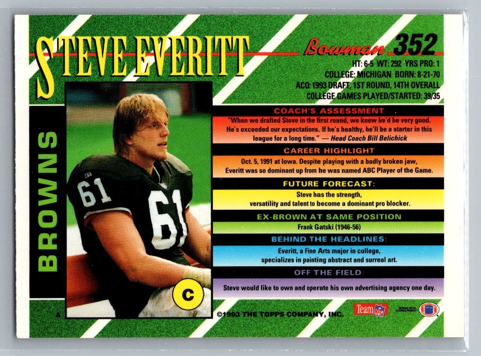 1993 TOPPS BOWMAN CARD # 352 Steve Everitt - Cleveland Browns | eBay