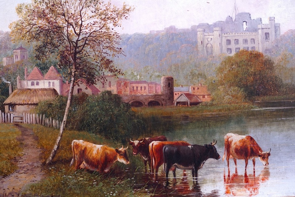 J D MORRIS 1830-1905 CATTLE WATERING NEAR WARWICK CASTLE ANTIQUE OIL ...
