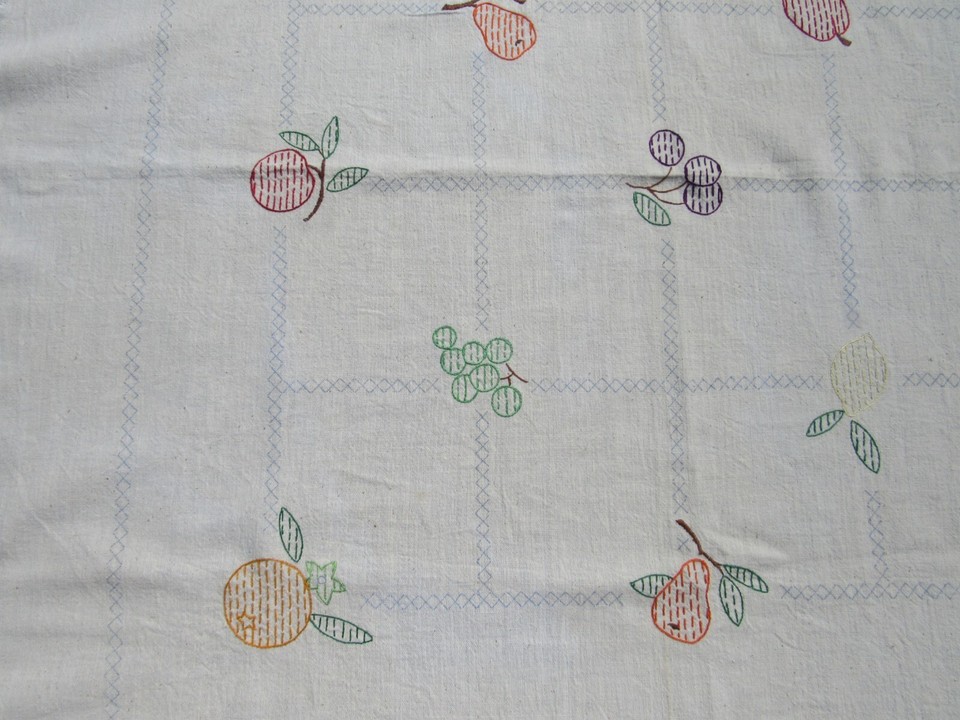 Vtg Embroidered Muslin Table Cloth Square 49" x 46" Fruit Pattern ...