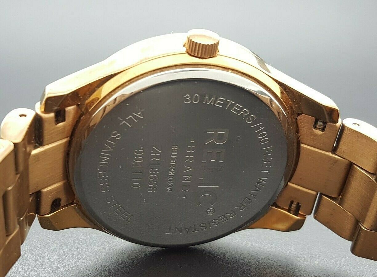 Relic Rose Gold Tone Blue Dial Day-Date ZR15656 3ATM Quartz Wrist Watch ...