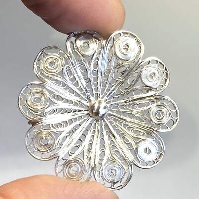 Filigree Flower Brooch Pin Handmade Tested Sterling Silver 925 1 5/8 ...