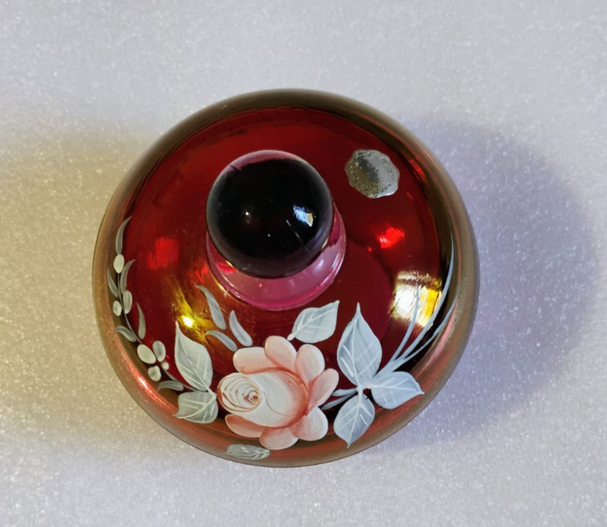 Westmoreland Ruby Stain Puff Box Hand Painted Floral Design Artist ...