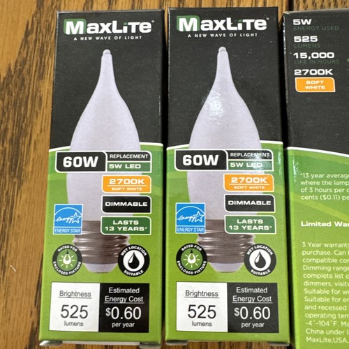 6 Maxlite 60W-Bulbs BA10 Candelabra Dimmable 5W-LED 2700K Soft White ...