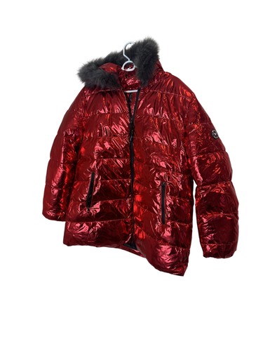 White Mark Puffer Coat Womens 1XL Red Metallic Hooded Faux Fur Trim ...