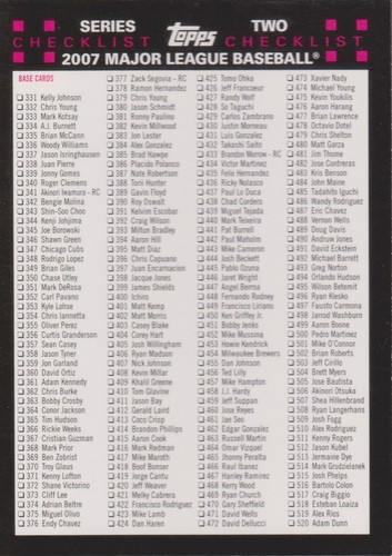 2007 Topps Series 2 Checklist #1 of 3 Baseball Card CL (331 - 661 ...