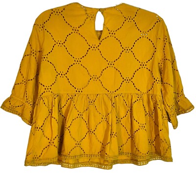 ZARA MUSTARD YELLOW BLOUSE WOMENS XS EYELET CUTWORK RUFFLE HEM 3/4 ...