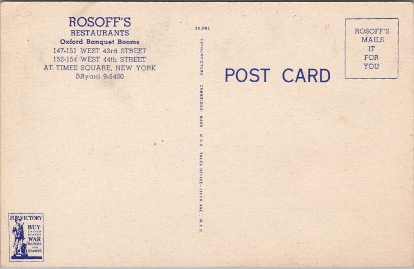 New York City LINEN Postcard ROSOFF'S RESTAURANTS / Two Locations ...