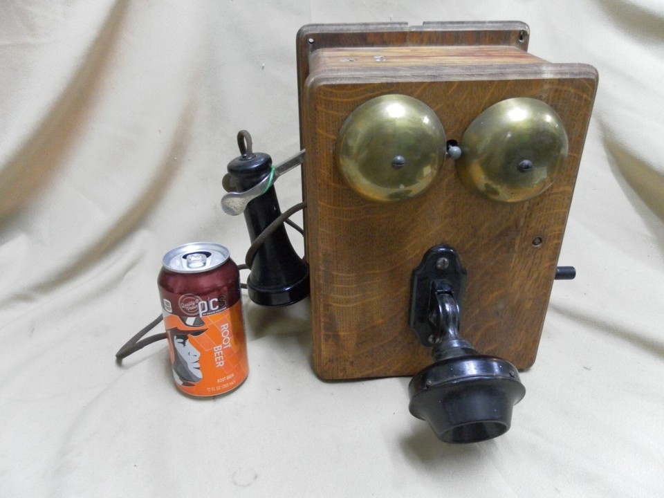 Antique Oak wall Telephone With Hand Crank, brass Bells ring! Western ...