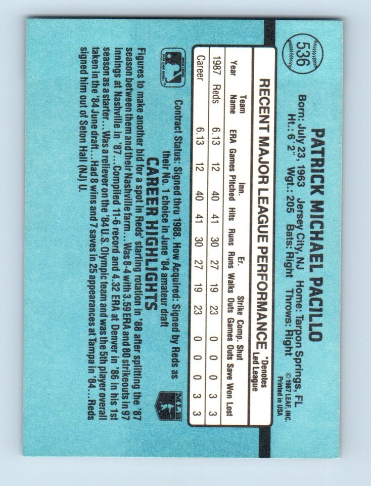 1988 Donruss Pat Pacillo Cincinnati Reds #536 | eBay