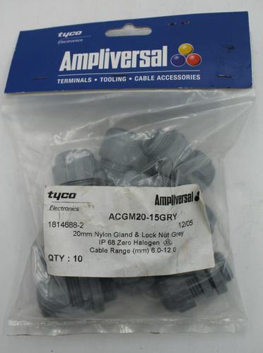 Ampliversal Tyco 20mm Nylon Gland and Lock Nut ACGM20-15GRY Grey Pack ...