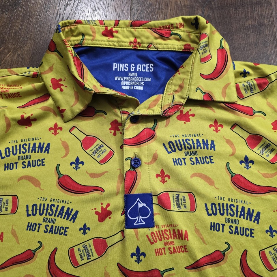 Pins & Aces Louisiana Hot Sauce Shirt Mens Small Golf Polo Spicy Pepper Fun Golf | eBay