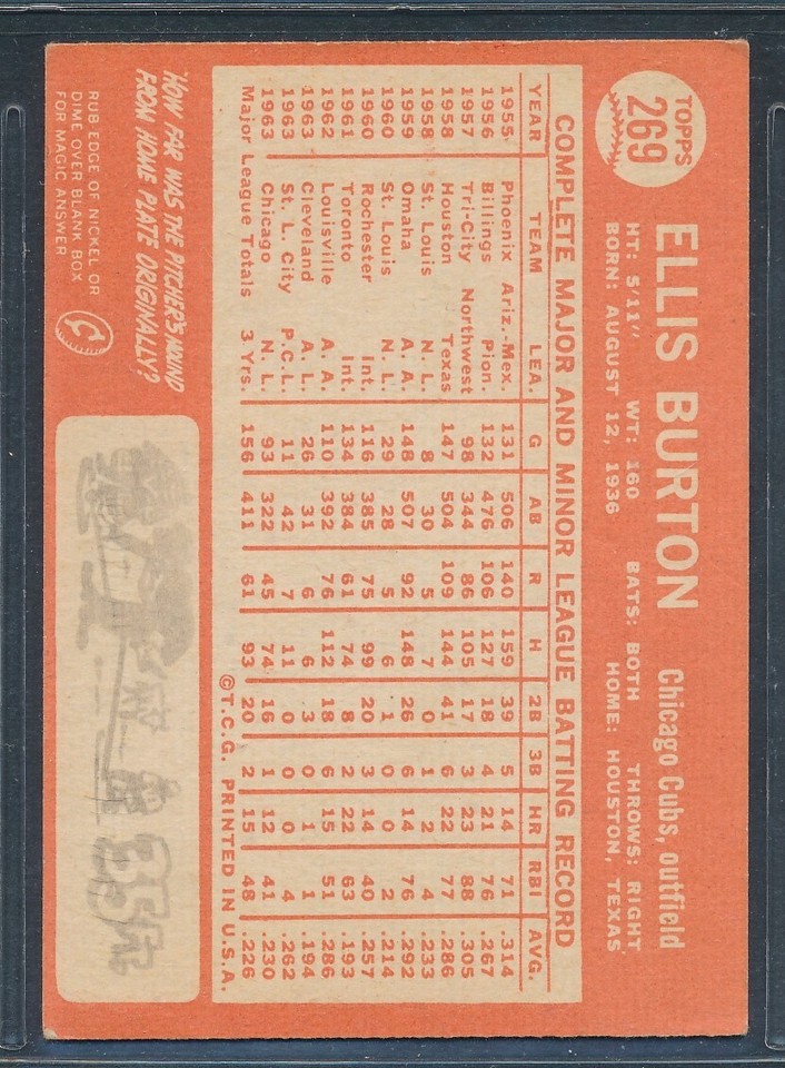 1964 Topps Baseball Set Break #269: ELLIS BURTON Chicago Cubs ~ VG-EX+ ...