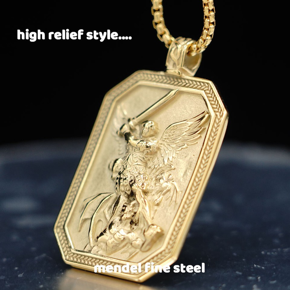 MENDEL Gold Mens St Saint Michael Archangel Medal Medallion Pendant ...