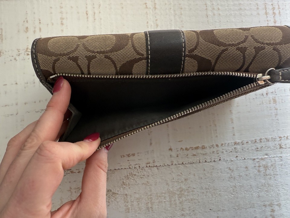 Coach Signature Trifold Stripe Wallet Check Fold Zippered Side Pocket ...