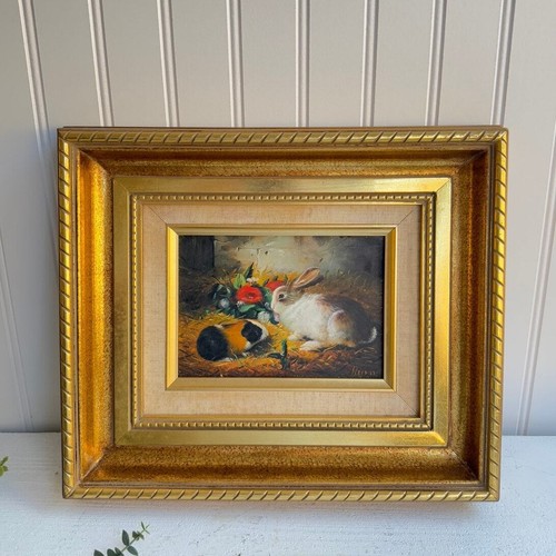 Vintage Oil Painting Bunny Rabbit & Guinea Pig | Gold Frame | Signed ...