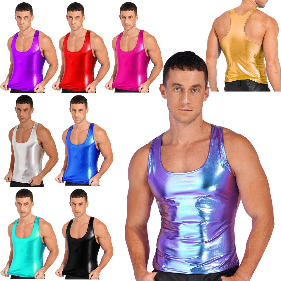 Men Shiny Metallic Sleeveless Muscle Tank Top Faux Leather Vest Tops ...