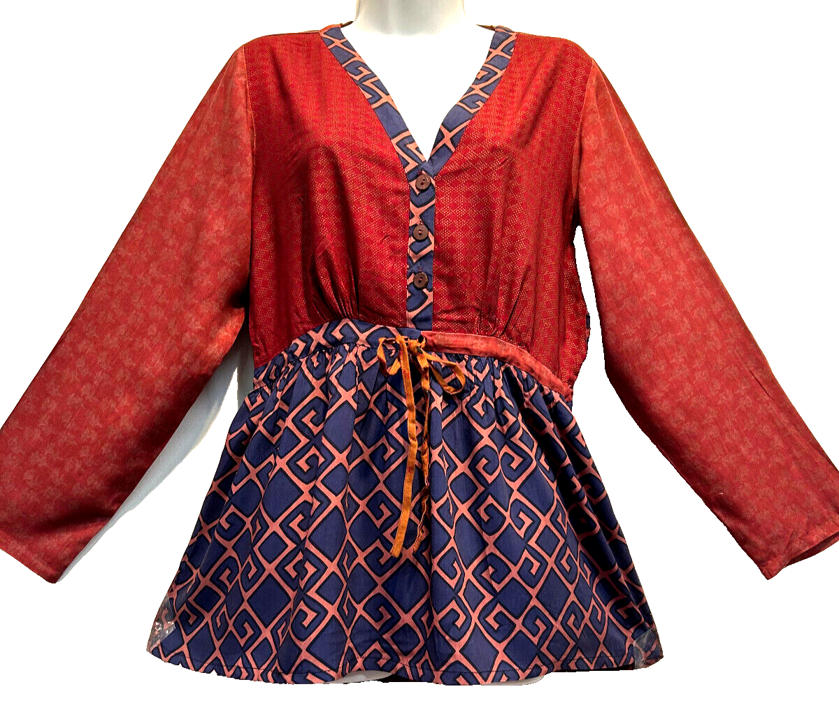 Nwt SACRED THREADS hippy bohemian funky patch peplum rayon TOP TUNIC L ...