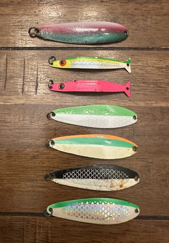 Salmon trolling spoons Lot x 7. Coho Killer, Silver Horde, Gold Star. 3 ...