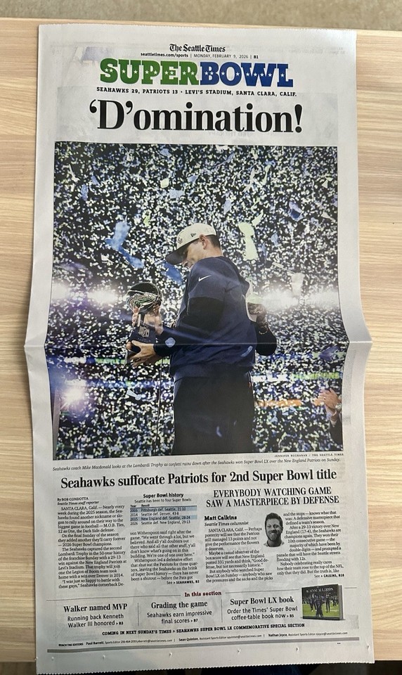 SEAHAWKS SEATTLE TIMES FULL NEWSPAPER 2/9/2026 SUPERBOWL CHAMPS- NEW 2 ...