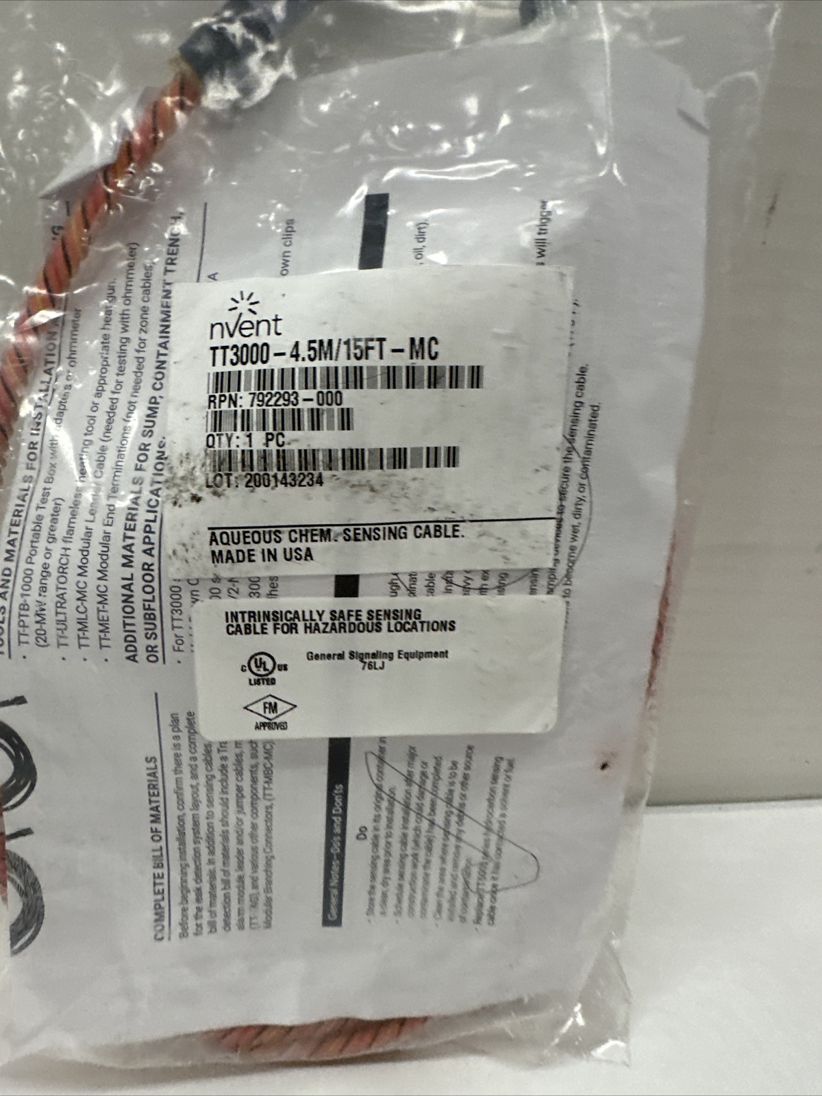 TYCO PENTAIR TRACETEK Modular Sensing Cable TT3000-3M/10FT-MC for sale ...