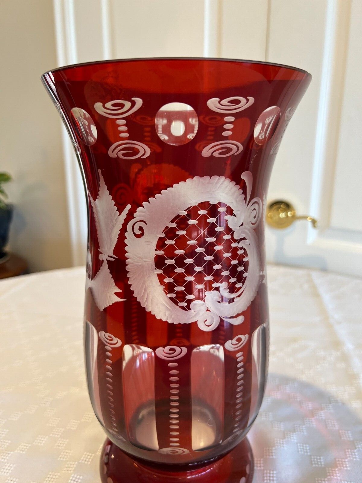 Vintage Ruby Red Vase Cut To Clear Crystal Bohemian Glass Czech Egerman ...