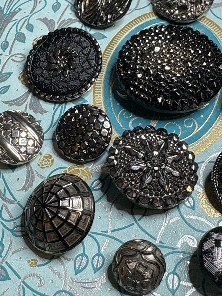 15 Vintage Black Glass Silver Luster Buttons Art Deco Plants Geometric ...