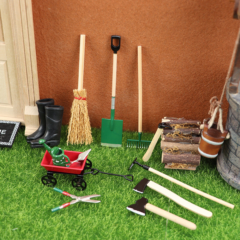 1:12 Dollhouse Miniature Farm Tool Ax Shovel Pull Cart Broom Boots ...
