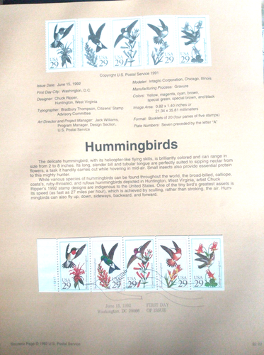 HUMMINGBIRDS COMPLETE SET 5 STAMPS #2642-6 1996 USPS FD Souvenir Page ...
