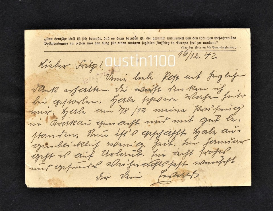 Excellent & Rare 1942 'Galizien' Tarnopol Feldpost Post Card with rare ...