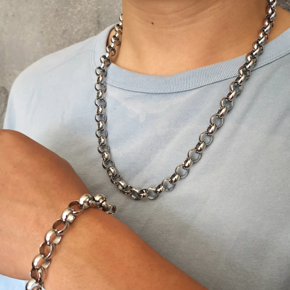 Large 10mm Men's fashion round bracelet necklace Rolo chain silver S ...