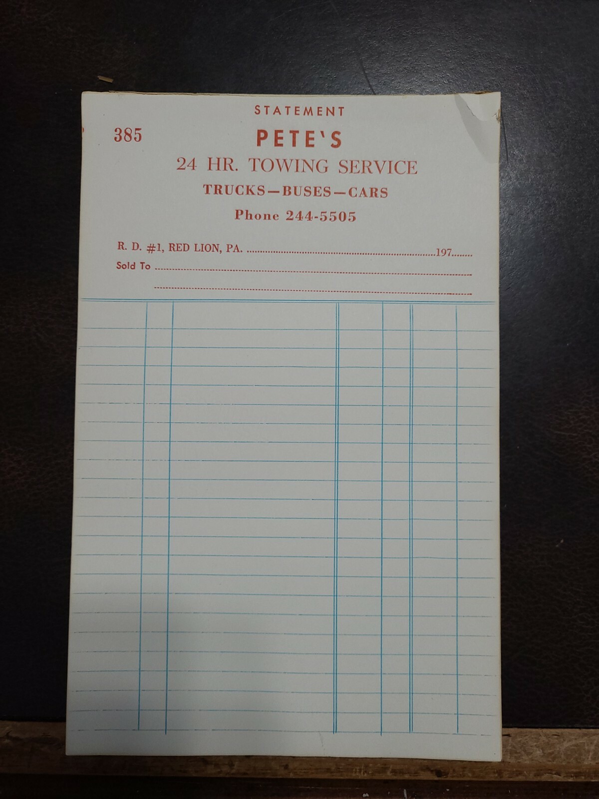 Unused 1970s Red Lion York Pa Pete's Towing Statement Pad | eBay