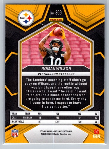 Roman Wilson 2024 Mosaic #369 Pittsburgh Steelers Rookie Football Card ...