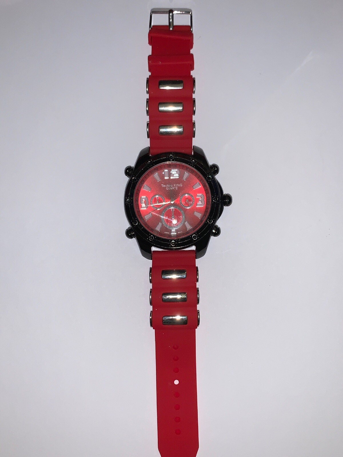 Techno King Quartz Mens Fashion Watch. New Battery. Red Silicone Band ...
