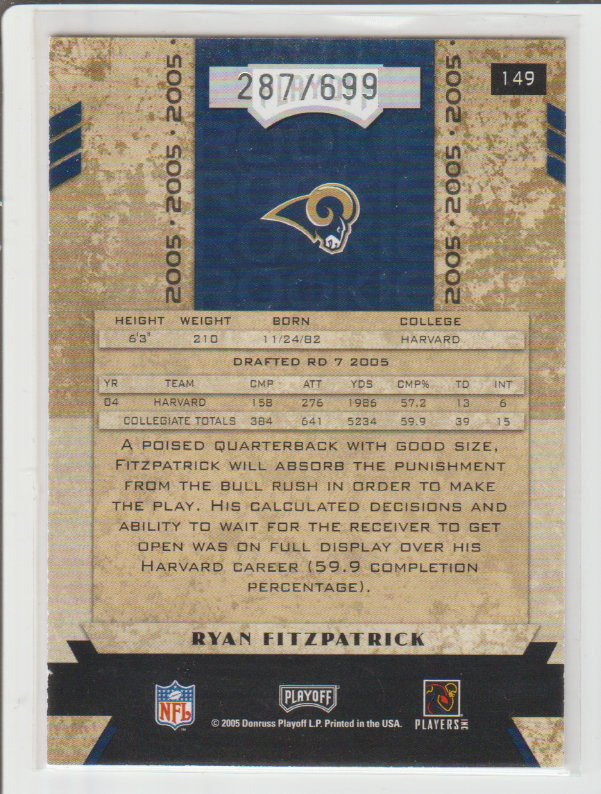 2005 Playoff Honors Ryan Fitzpatrick Rookie RC /699 #149 St. Louis Rams ...