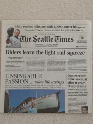 The Seattle Times Newspaper - Ichiro Suzuki - 3,000th hit - August 8th ...
