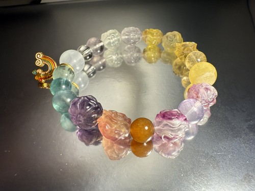 Unique Design Natural Rabbit Fur Fluorite Elastic Bracelet/Carved Roses ...