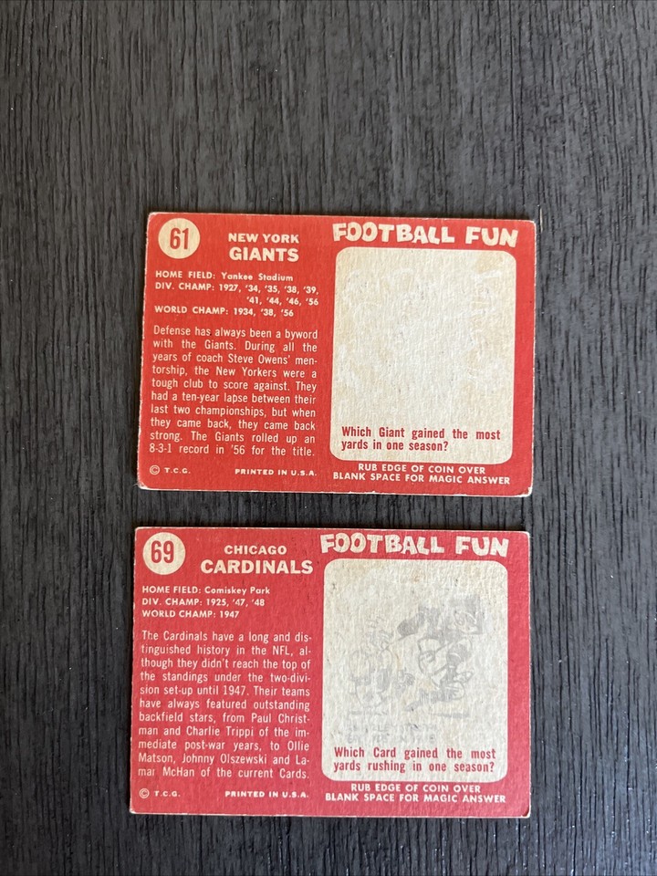 1959 Football Checklists - New York Giants & Chicago Cardinals | eBay